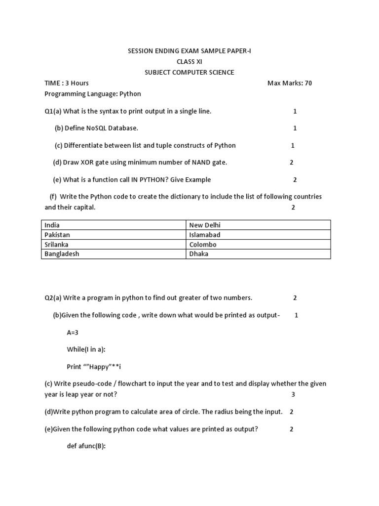 Sample Paper I Class Xi Computer Science See Pdf Byte Python Programming Language
