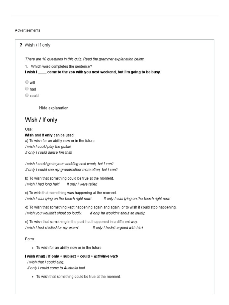 B2 Grammar - Wish - If Only | PDF | Cognitive Science | Linguistic ...