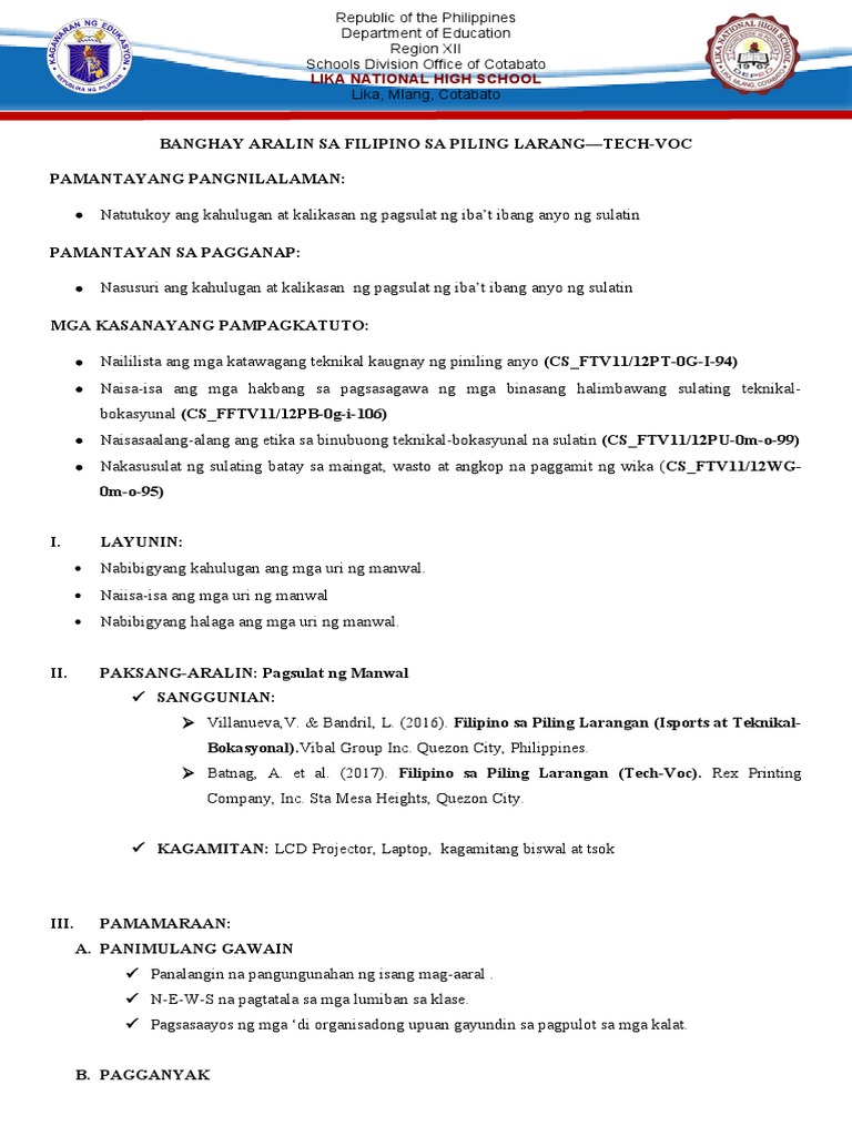 Lesson Plan Day 8-23-22 DL Fil Sa Piling Larang | PDF