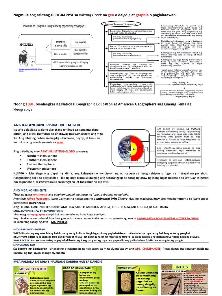 Nagmula Ang Salitang HEOGRAPIYA Sa Wikang Greek Na Geo o Daigdig at Graphia o Paglalarawan | PDF
