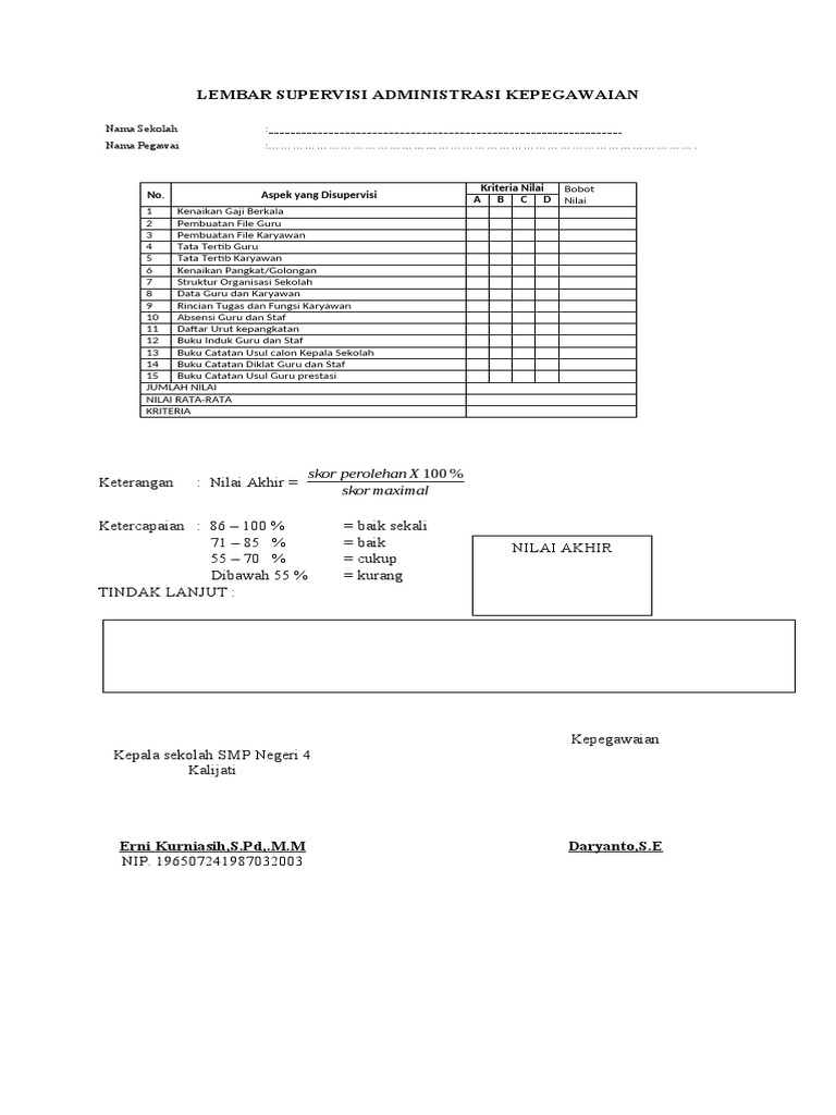 Instrument Supervisi Tendik | PDF