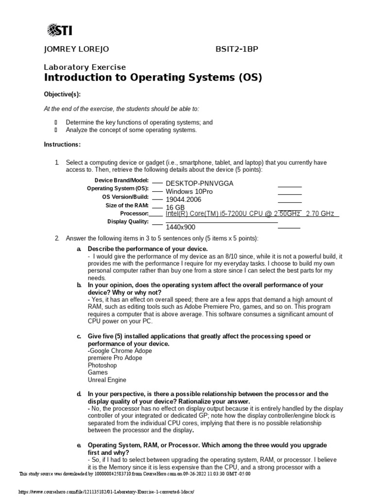 01 Laboratory Exercise Lorejo Jomrey | PDF | Operating System | Central ...