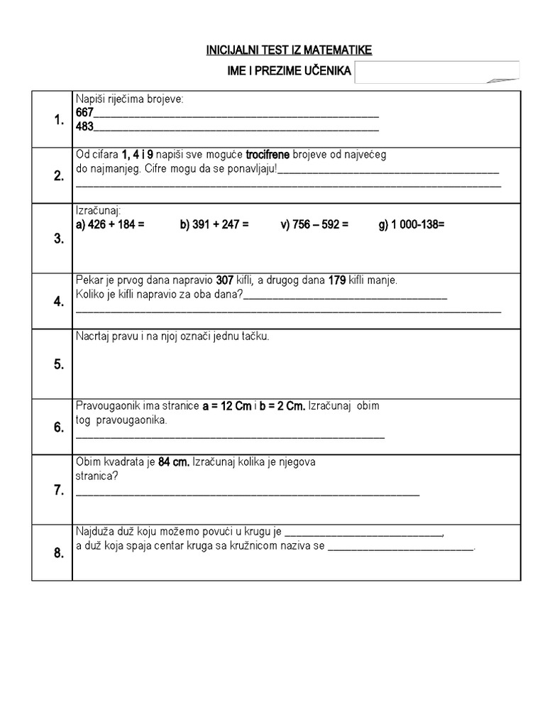 Inicijalni Test - Matematika | PDF
