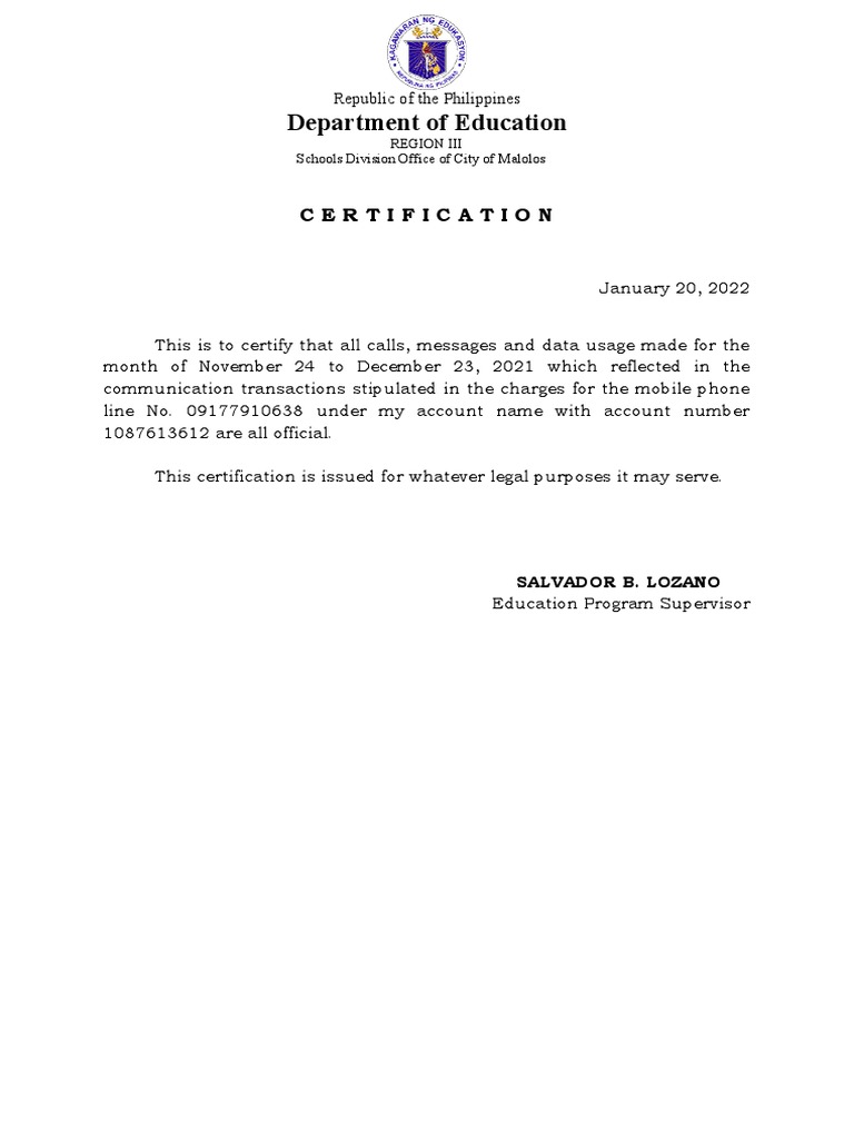Certification of Communication Expenses | PDF