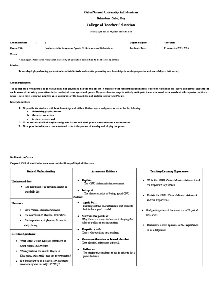 Syllabus in P.E 3 | PDF | Table Tennis | Experience