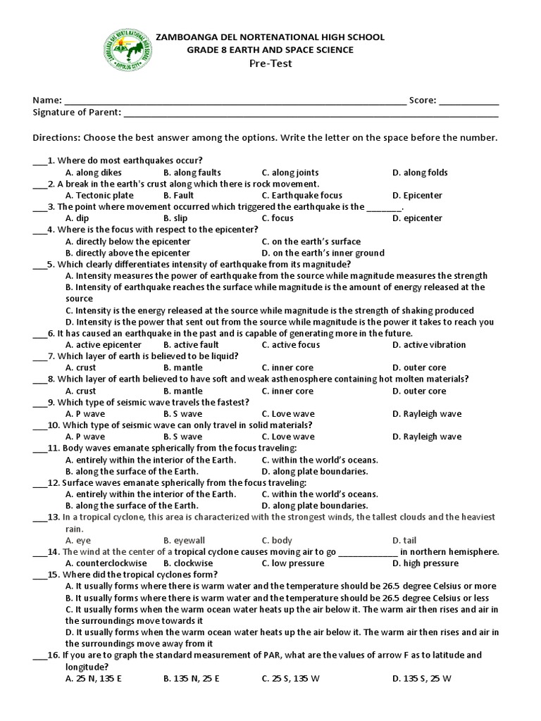 Grade 8 Earth and Space Science Pre-Test | PDF | Meteoroid | Earthquakes