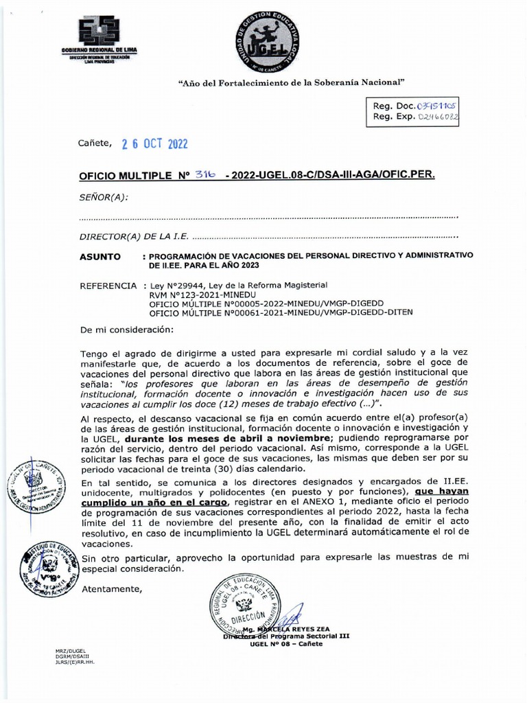 Oficio Mult. N°316-2022-Ugel08-C | PDF | Maestros | Regulación
