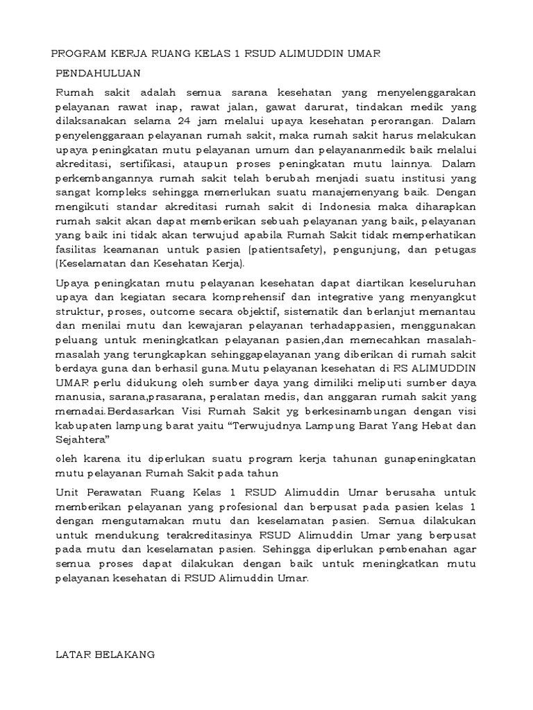 Program Kerja Ruang Kelas 1 Rsud Alimuddin Uma1 | PDF