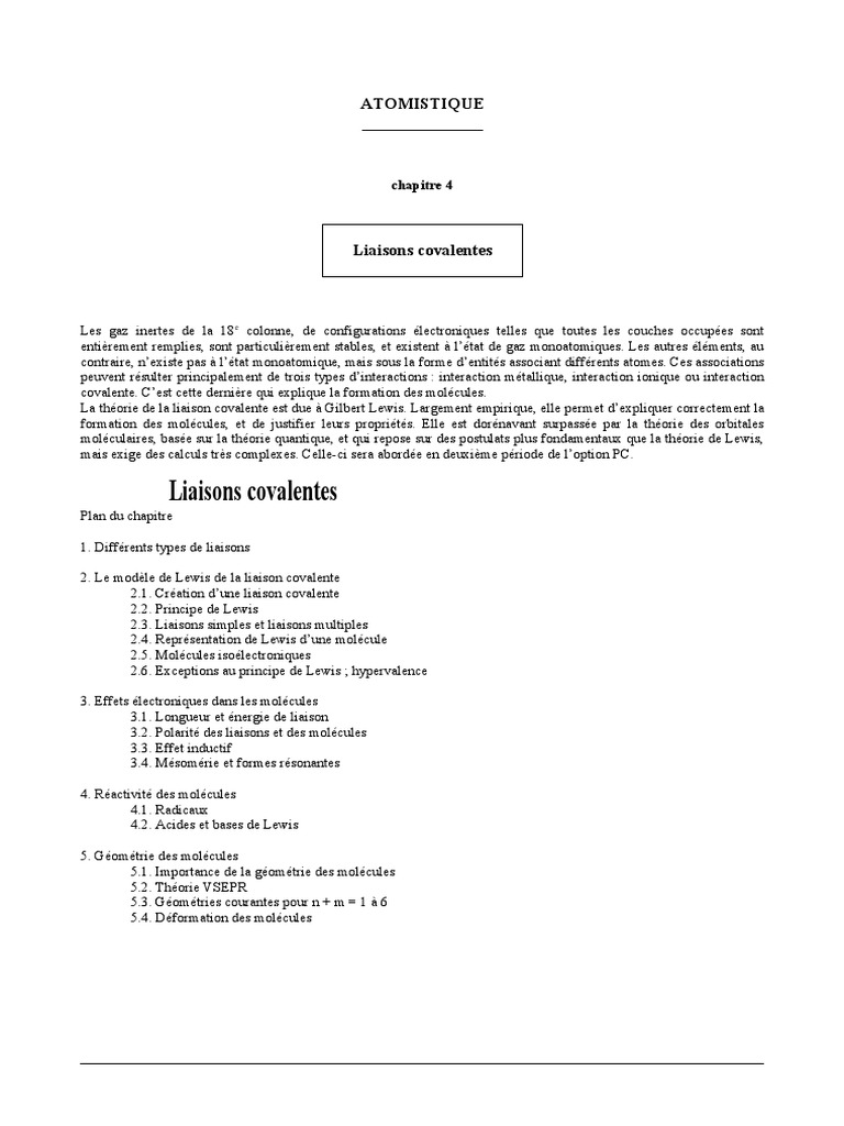 Types de liaisons covalentes expliqués | PDF | Liaison chimique ...