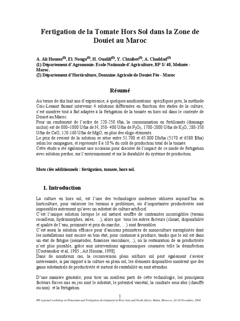 Fertigation de la Tomate à Douiet, Maroc | PDF | Nitrate | Fertilisant