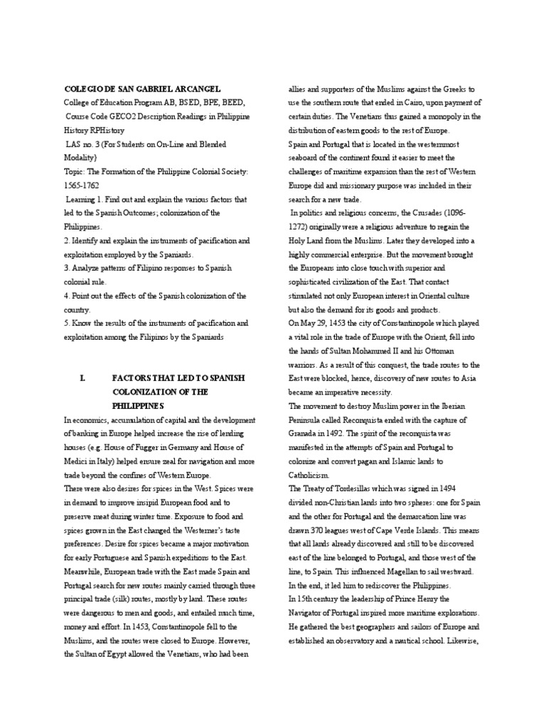 Spanish Colonization of the Philippines: Factors, Establishment and Instruments of Pacification ...