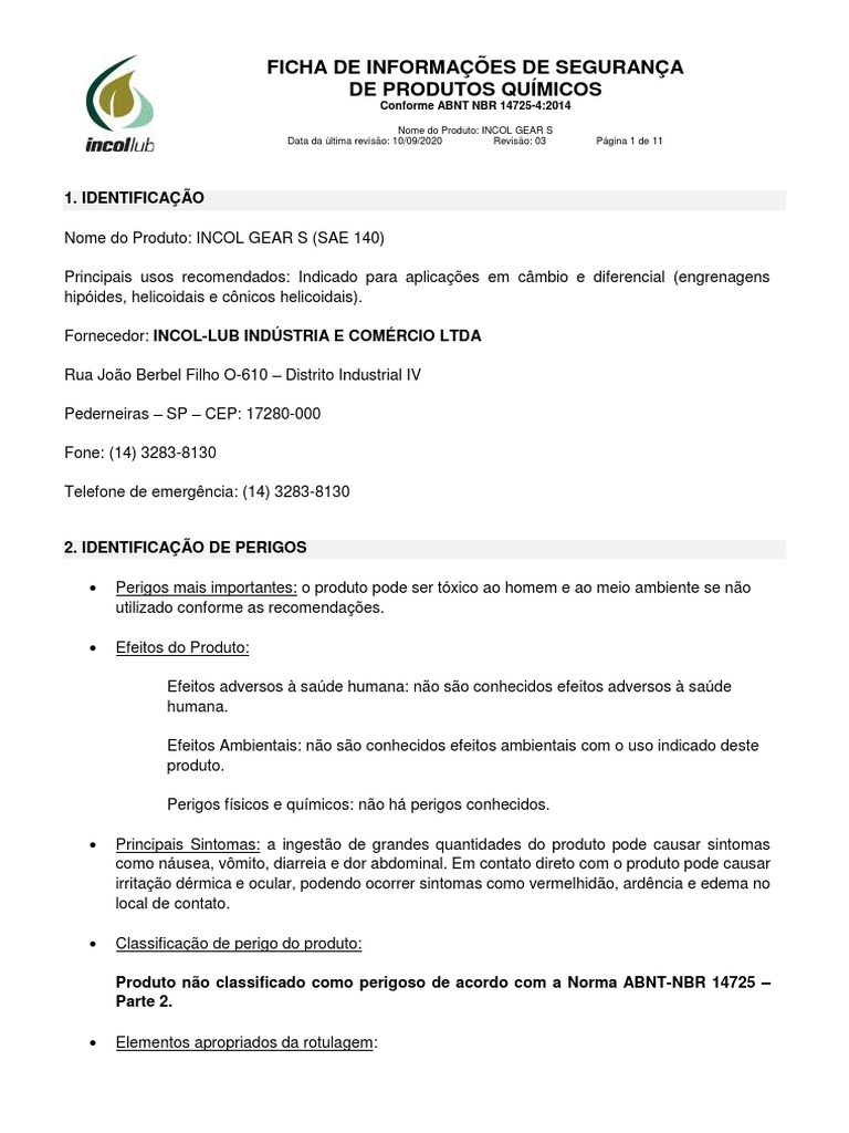 Fispq - Óleo W140 Incollub - Talha DEMAG | PDF | Embalagem e rotulagem | Solubilidade