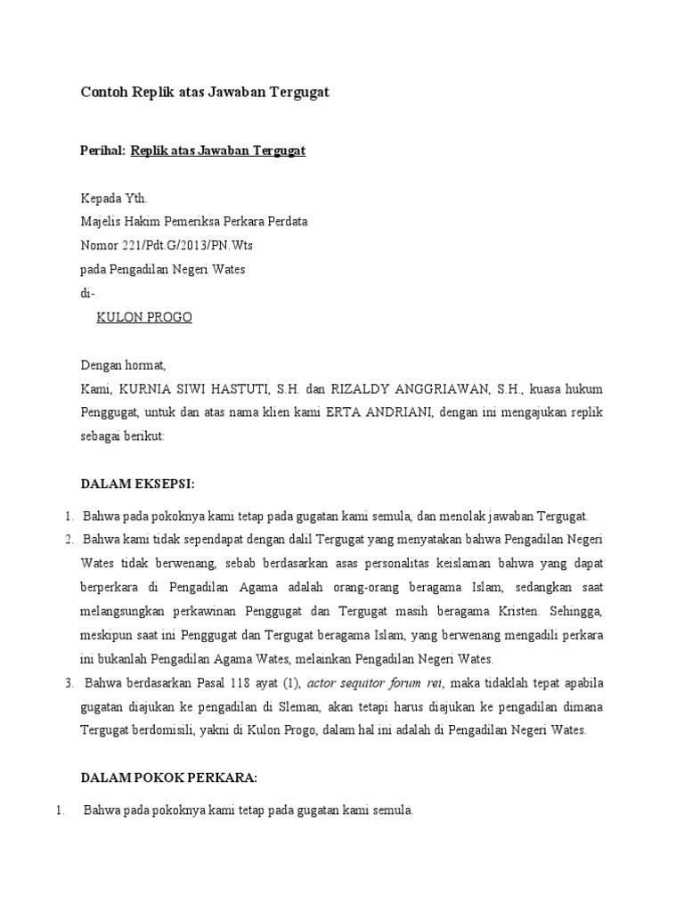Contoh Replik Atas Jawaban Tergugat | PDF | Hukum