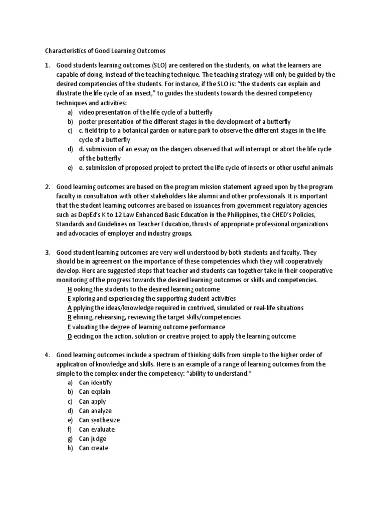 Characteristics Of Good Learning Outcomes Pdf Learning Expert