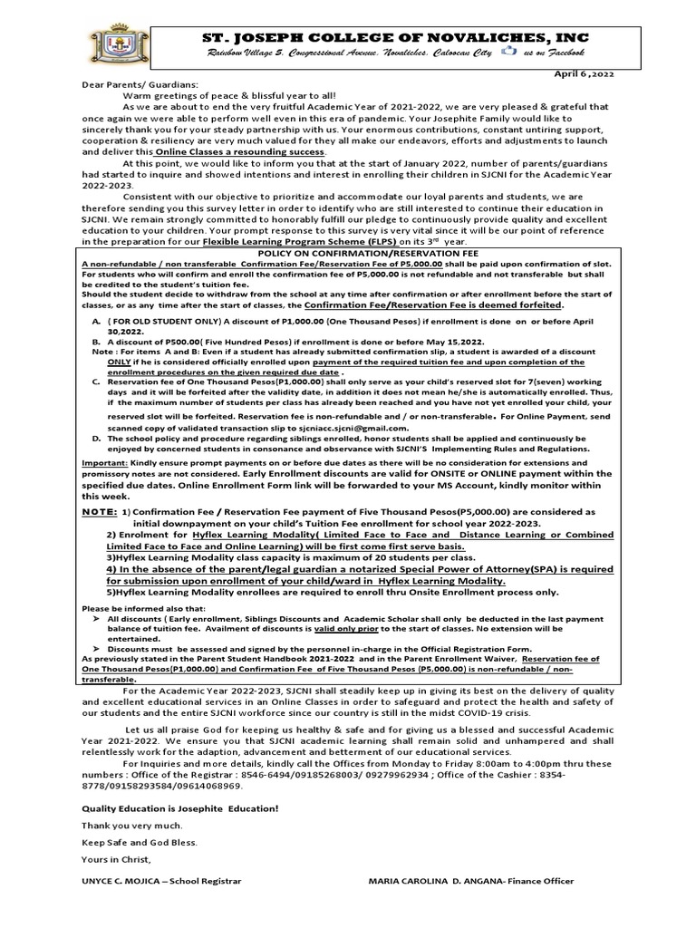 Reservation Letter Grade 7 2022 2023 | PDF | Fee | Payments