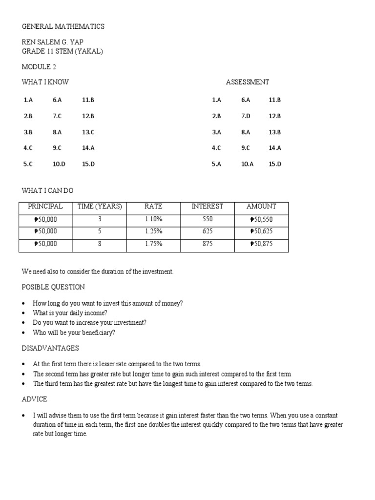 General Mathematics Quarter 2 Module 2 | PDF | Loans | Interest