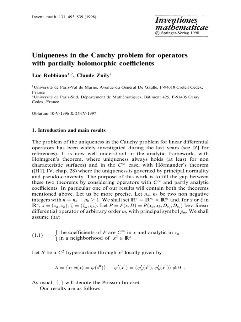 Uniqueness in The Cauchy Problem For Operators With Partially Holomorphic Coeff - Robbiano ...