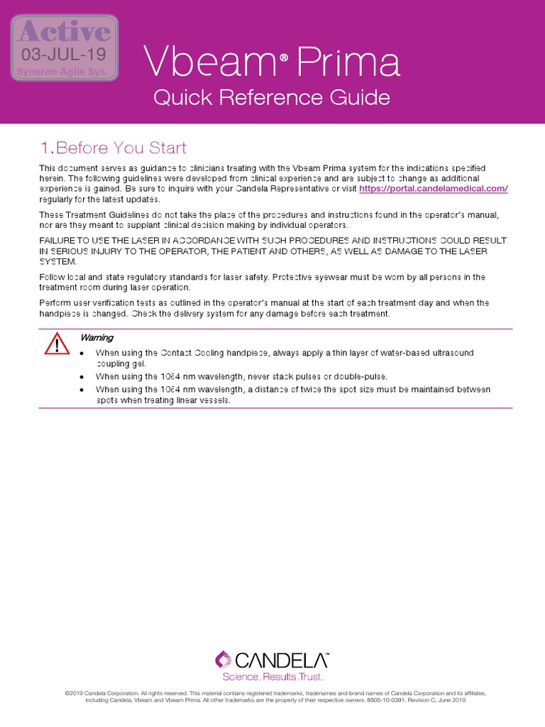 Vbeam Prima Quick Reference Guide | PDF | Therapy | Scar