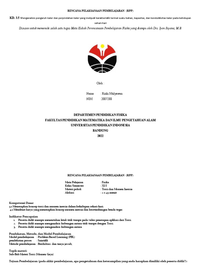 RPP Kd. 3.1 Konsep Torsi (PPF) | PDF