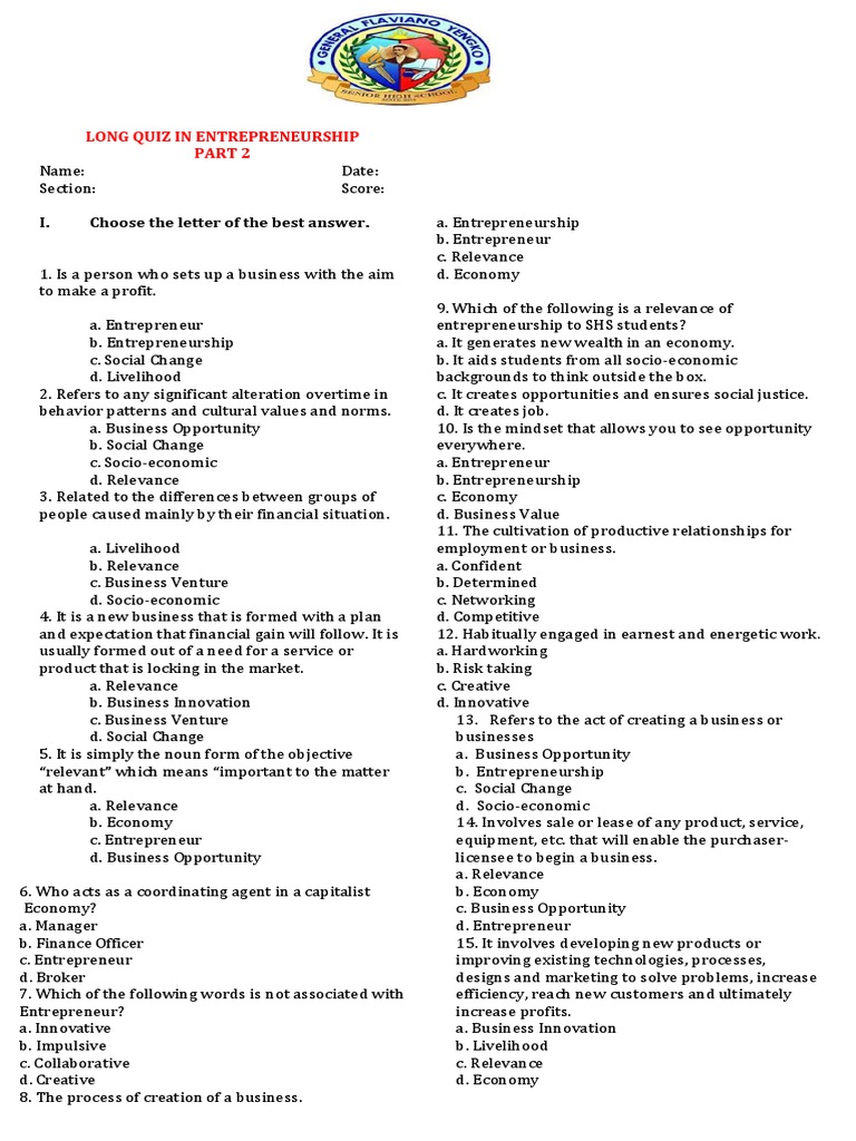 Long Quiz in Entrepreneurship Part 2 | PDF | Marketing | Bookkeeping