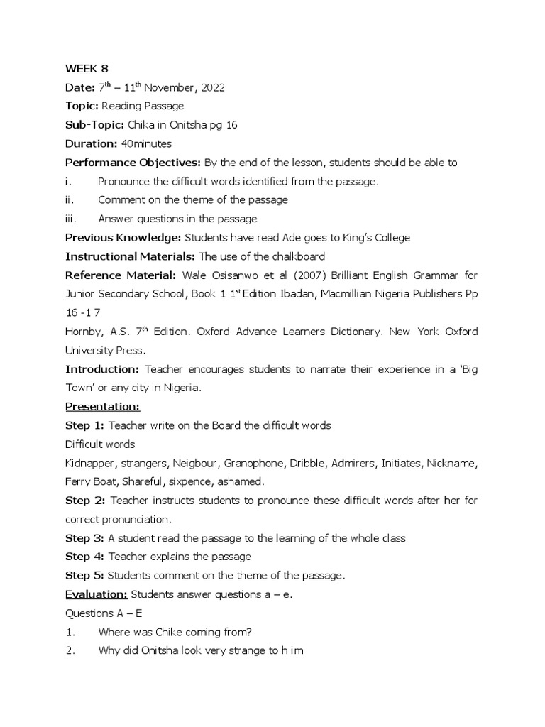 Week 8 Lesson Note | PDF | Noun | Verb