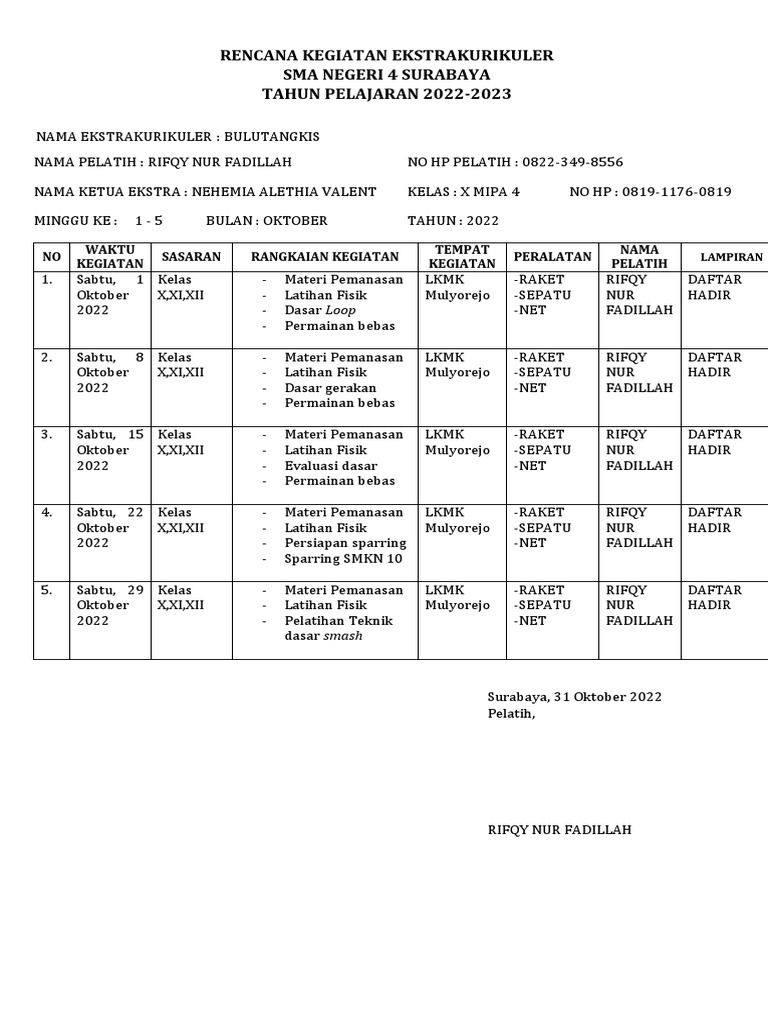 Jadwal Ekstrakurikuler Bulutangkis | PDF