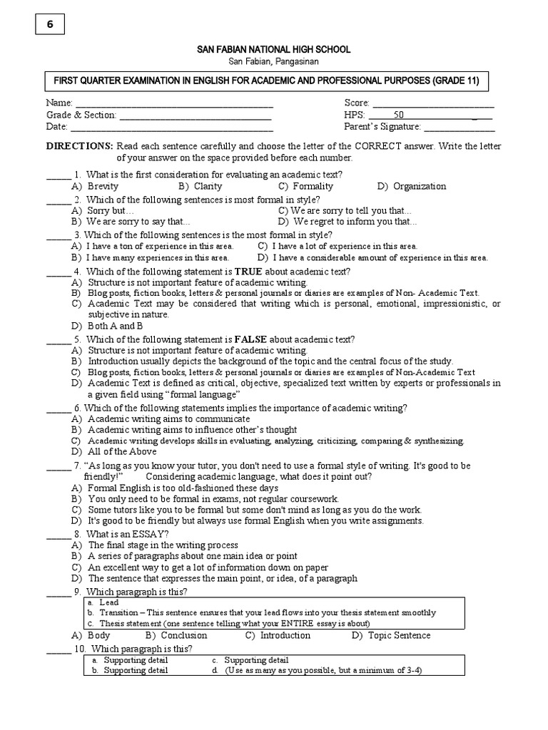 Eapp Q1 Test Questionaire | PDF | Essays | Plagiarism
