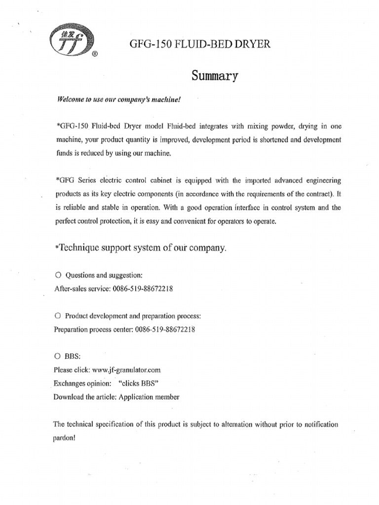 Manual de Secador de Lecho Fluido GFG-150 | PDF