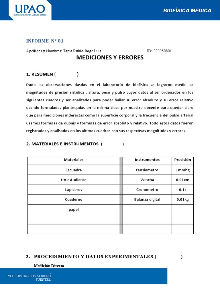 Informe1 - Pract Lab1 - Mediciones y Errores - 2022 - 10 - BIOFÌSICA MED - Prof. LUIS MORENO ...