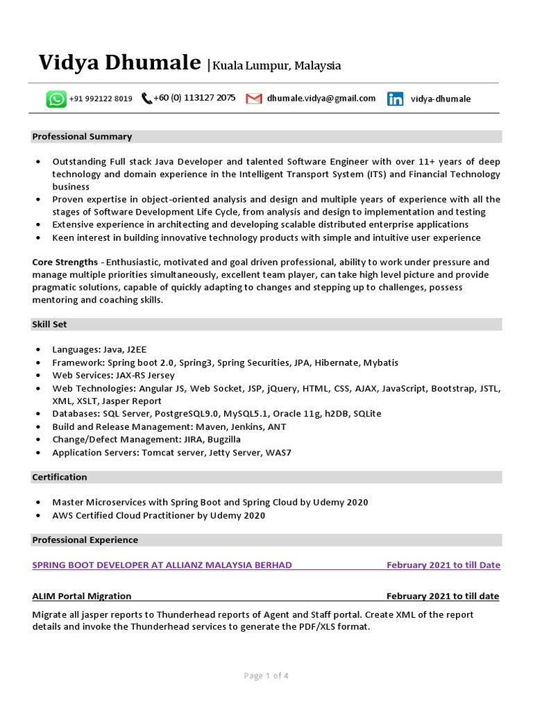 Resume - Vidya Dhumale - 11+ Years - J2EE - Developer | PDF | Spring Framework | Java ...