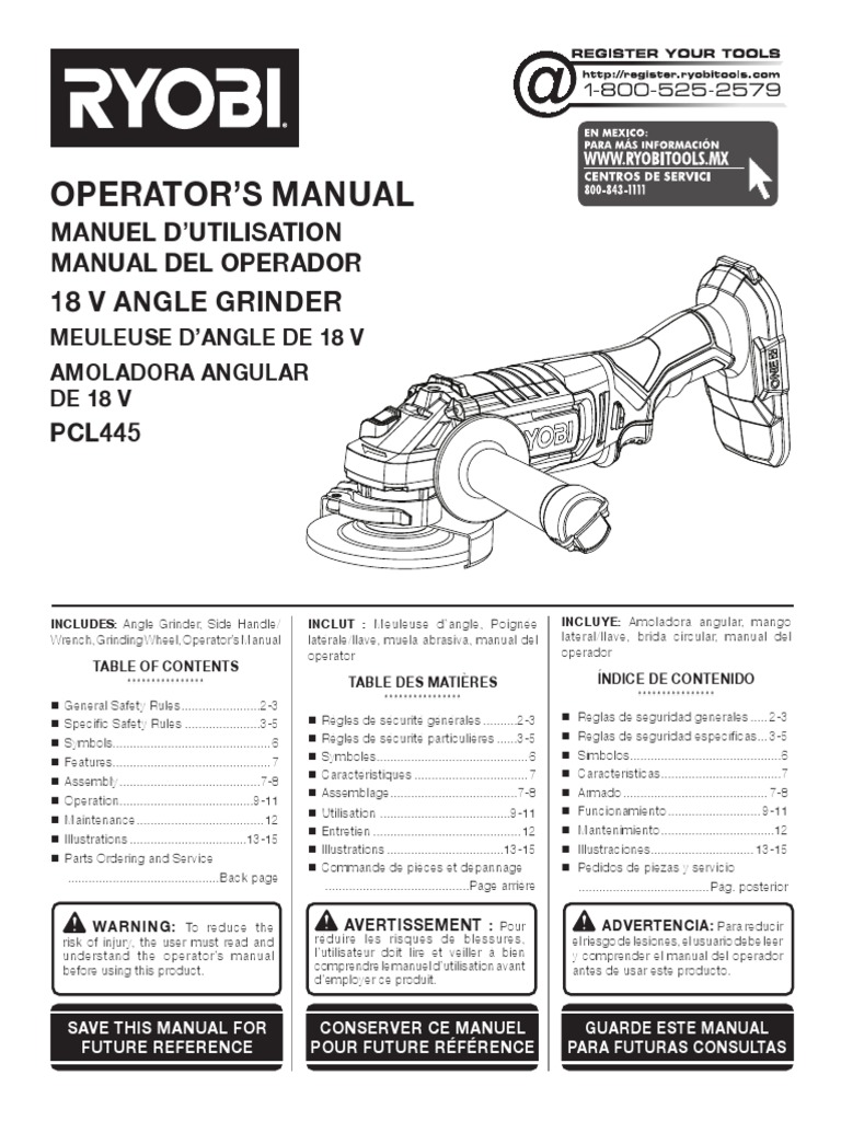 Ryobi PCL445 Angle Grinder Operators Manual Multilingual | PDF ...