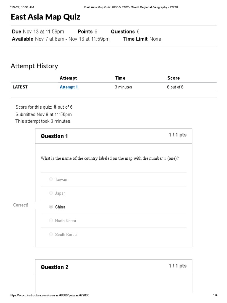 East Asia Map Quiz - GEOG R102 - World Regional Geography - 72718 | PDF ...