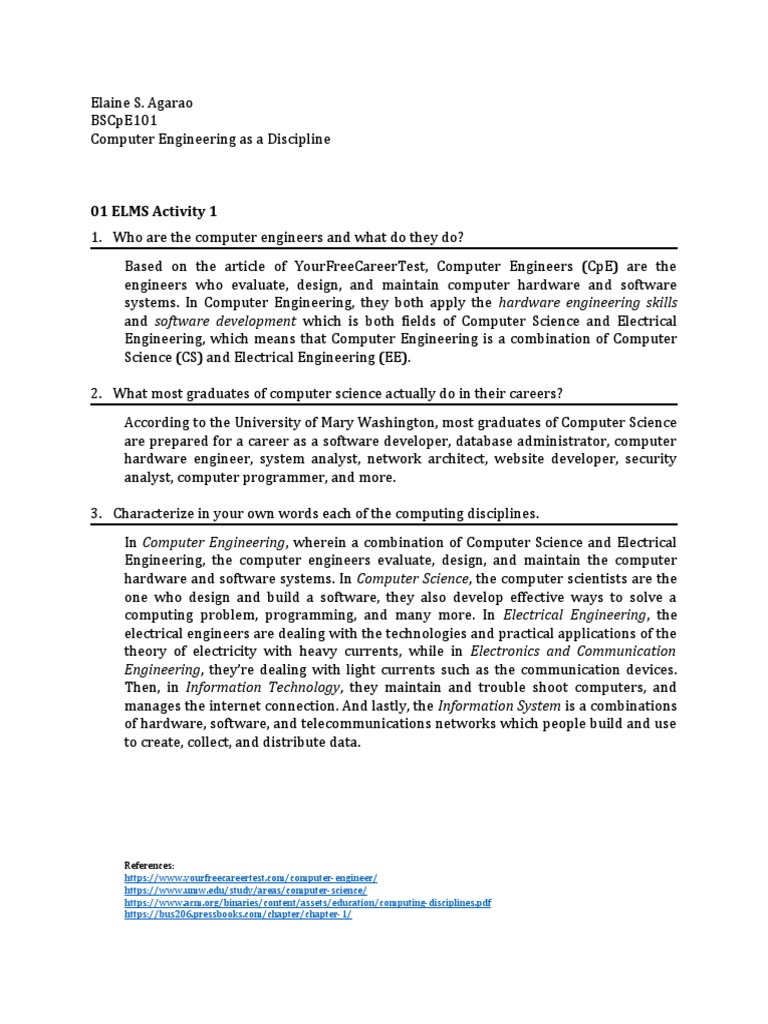 01 ELMS Activity 1 (In Computer Engineering As A Discipline) | PDF
