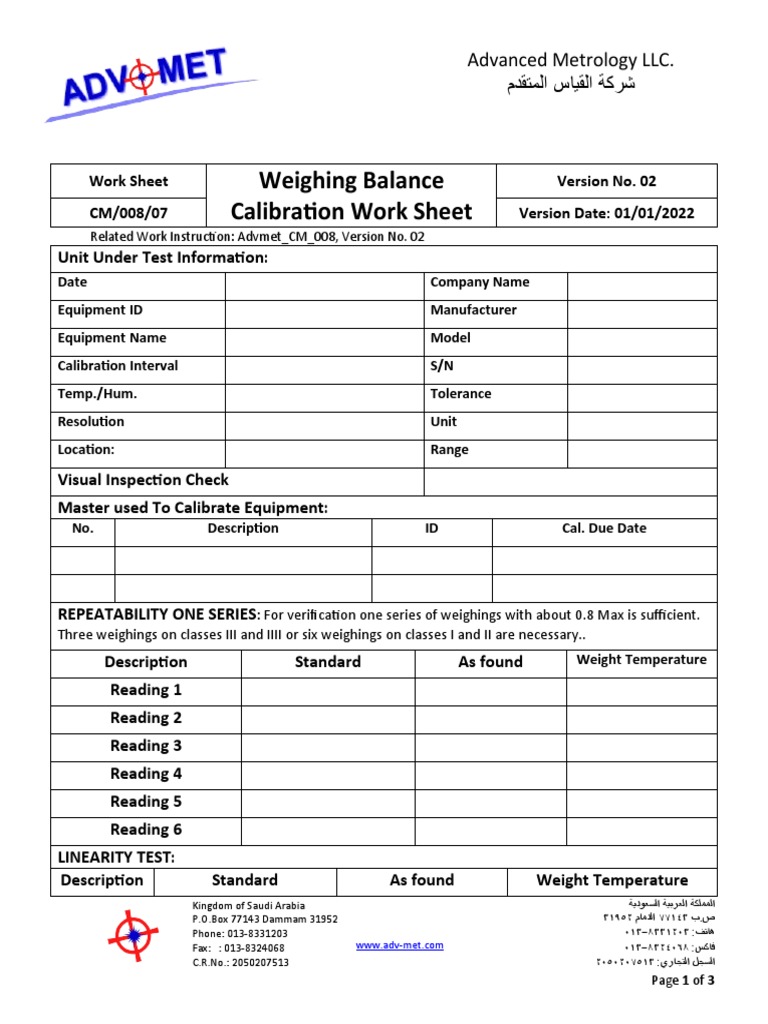 Weighing Balance Calibration Worksheet | PDF | Calibration | Weight