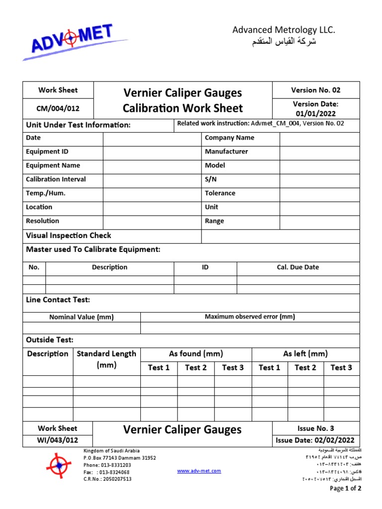 CM-04-012 Caliper Gauges Calibration Work Sheet | PDF | Calibration ...