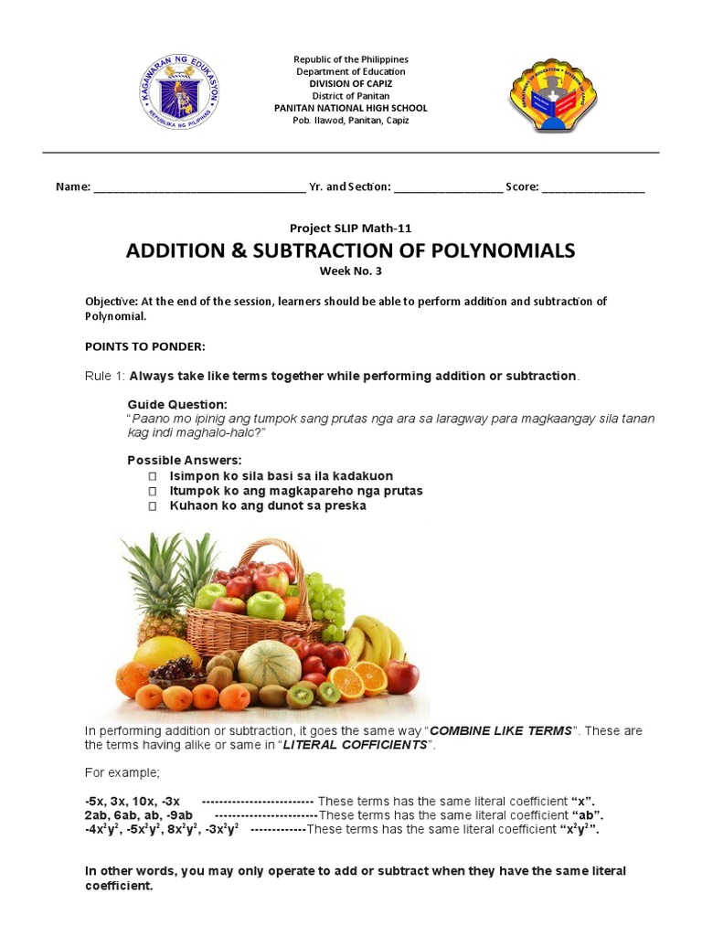 Addition & Subtraction On Polynomials | PDF | Subtraction | Applied ...