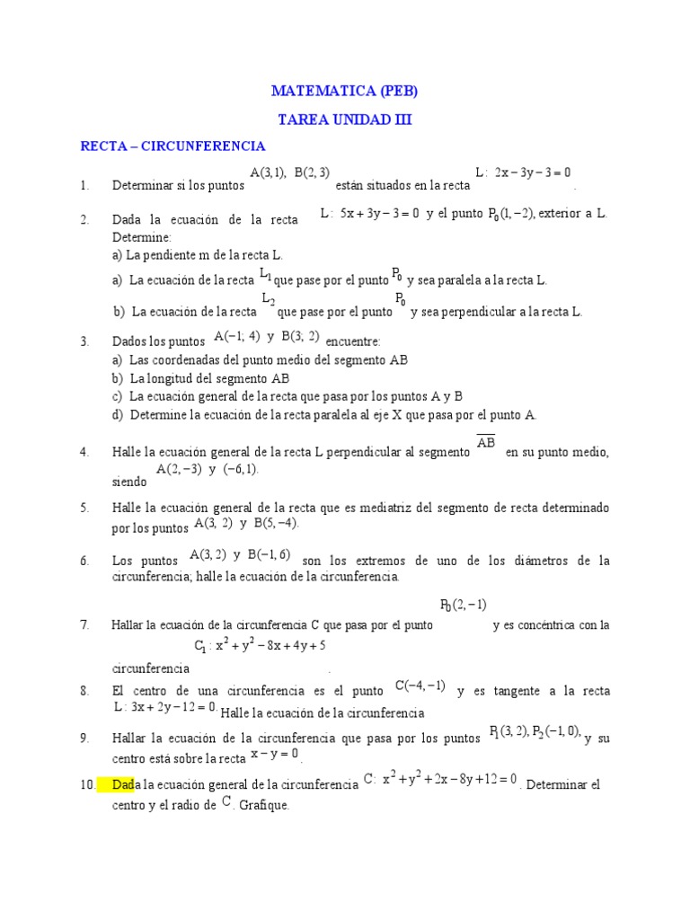 Tarea Matematica-Unidad Iii | Descargar gratis PDF | Línea (geometría) | Geometría analítica