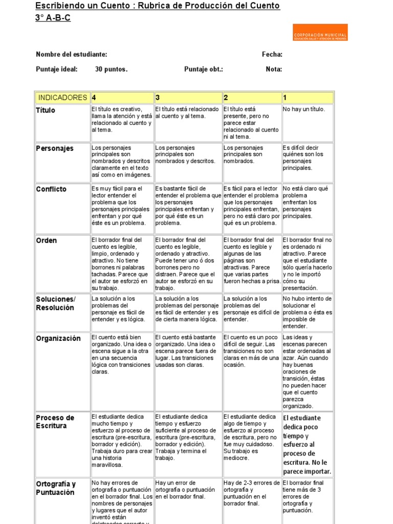 Rúbrica de Escritura Un Cuento 3° Básico | PDF | Escritura ...