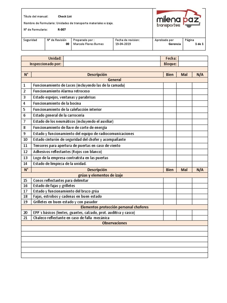 R-007 (Registro - Check List Materiales e Izaje) | PDF