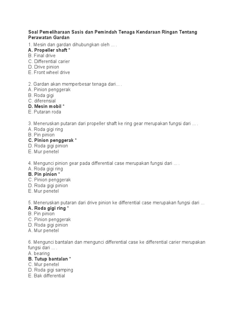 Soal Pemeliharaan Sasis Dan Pemindah Tenaga Kendaraan Ringan Tentang Perawatan Gardan | PDF