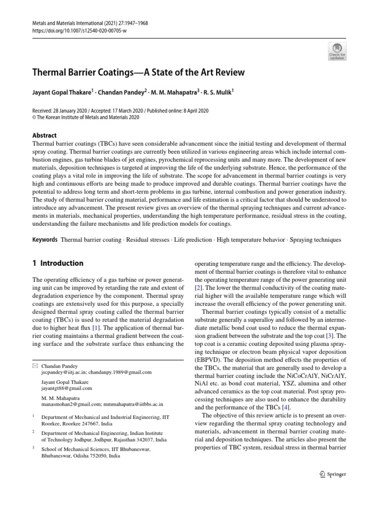 Thermal Barrier Coatings-A State of The Art Review: Jayant Gopal ...