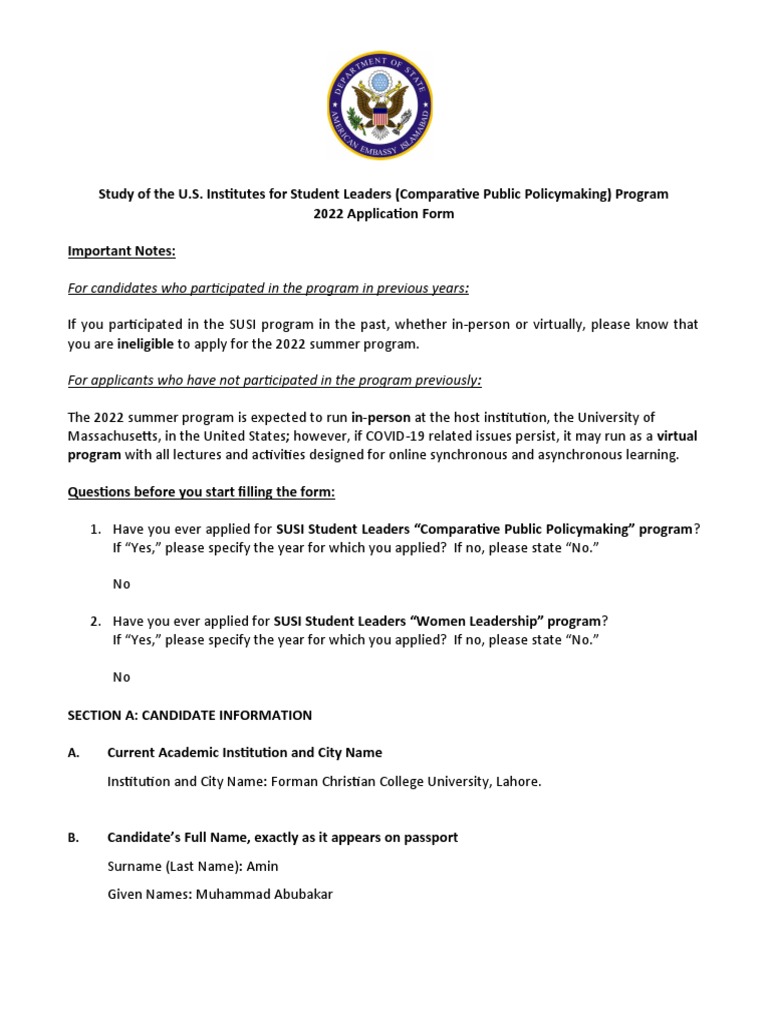 SUSI 2022 Application Form PDF | PDF | Disability