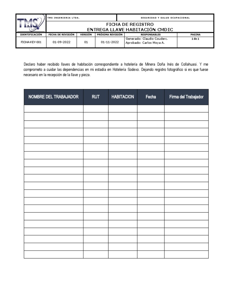 Formato Entrega Llaves de Habitacion Cmdic | PDF