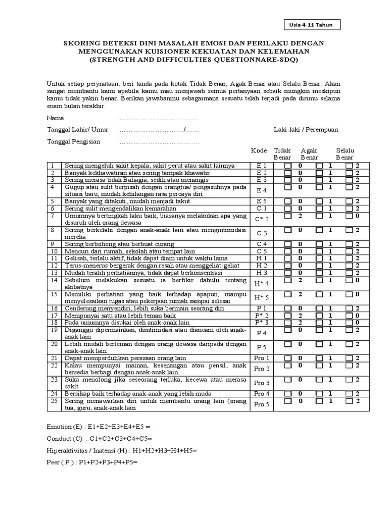 SDQ Usia 4 - 11 Tahun Edit | PDF