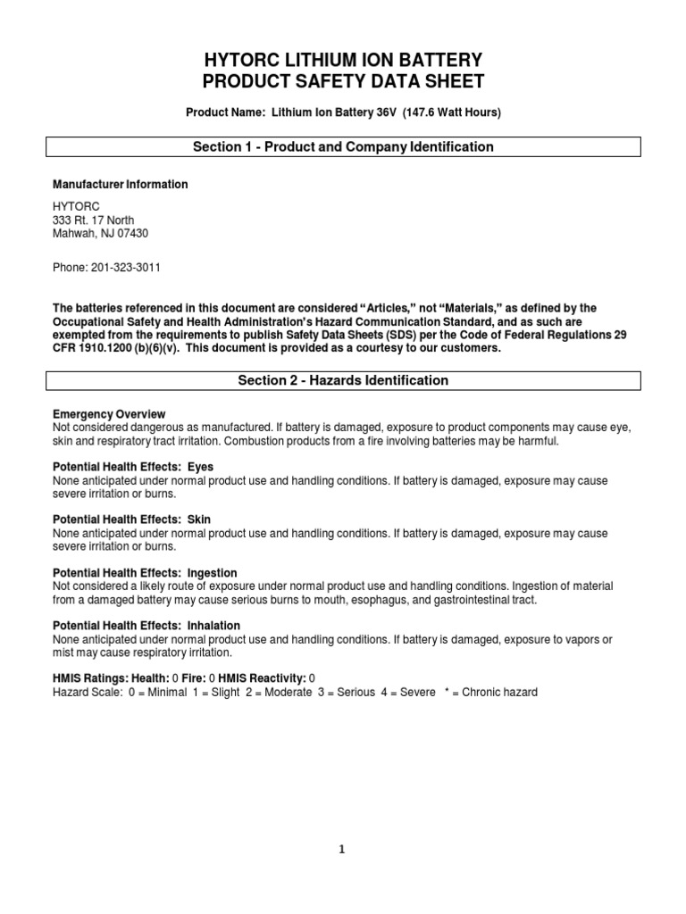 Lithium Ion Battery 36V Safety Data Sheet | PDF | Dangerous Goods ...