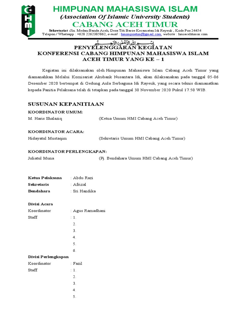 Susunan Kepanitian Dan Rundown Acara Konfercab Ke 1 | PDF