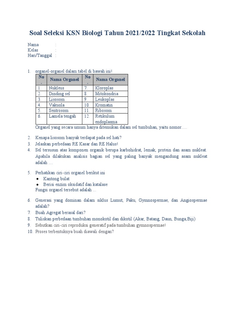 Soal Seleksi KSN Biologi Tahun 2021 | PDF