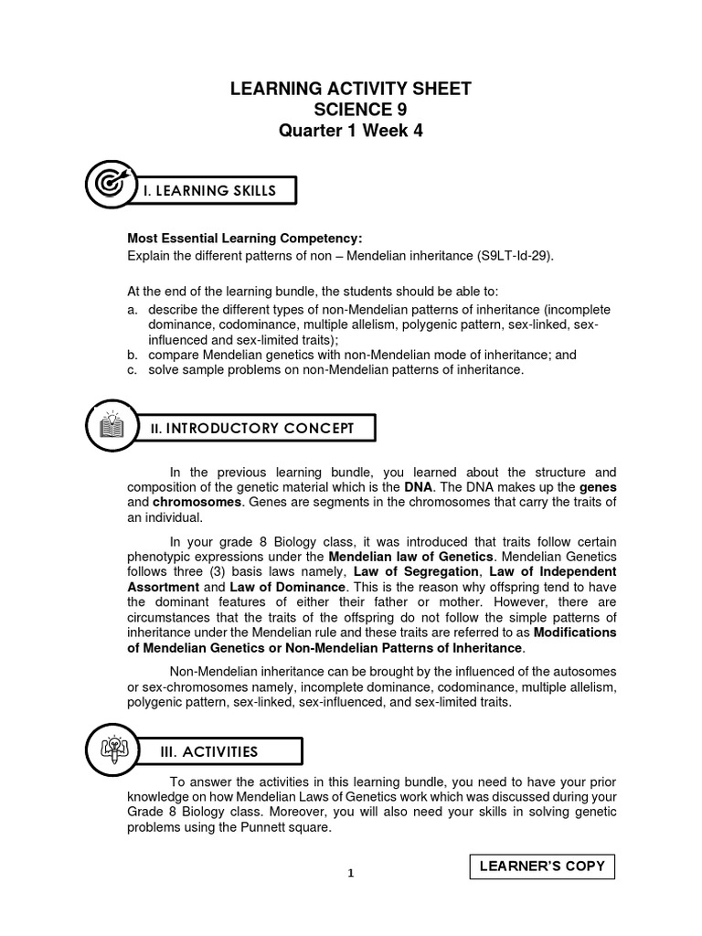 Learning Activity Sheet Science 9 Quarter 1 Week 4 | PDF | Dominance (Genetics) | Genotype