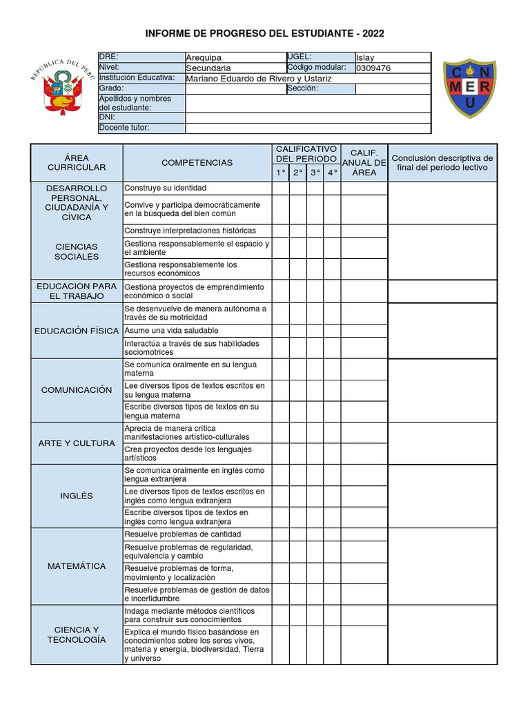 Informe de Progreso - SECUNDARIA OFICIAL | PDF | Cognición