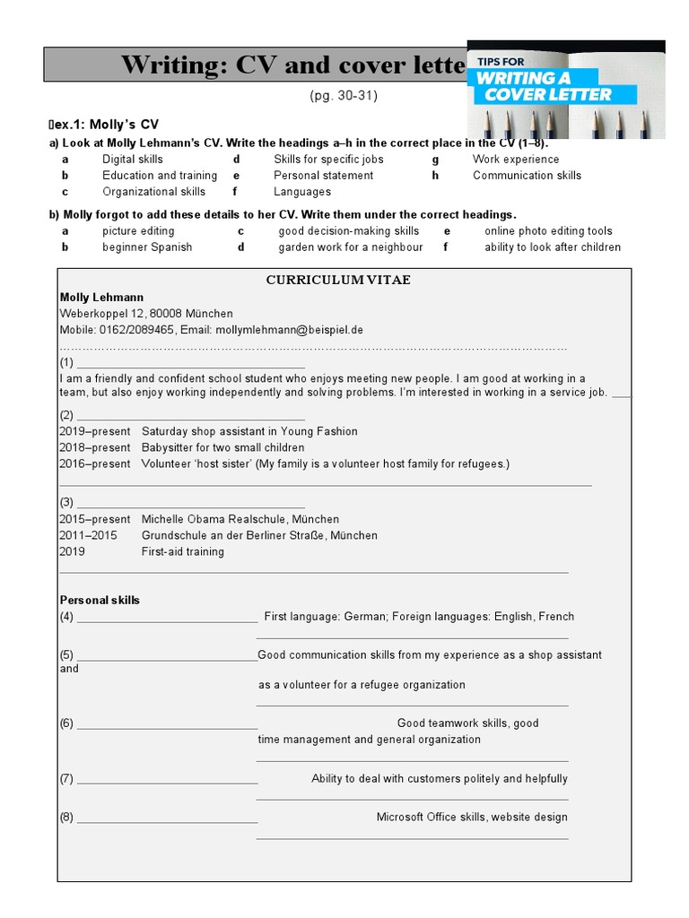 Curriculum Vitae and Cover Letter Writing Creative Tasks | PDF ...